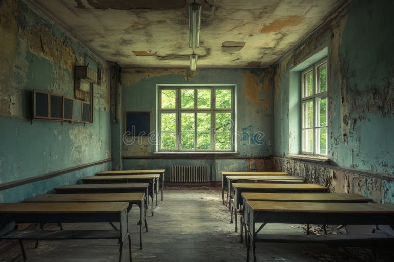 Abandoned Classroom with Peeling Paint and Desks Stock Illustration ...