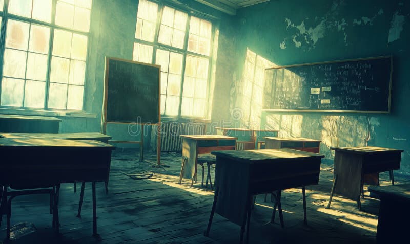 Abandoned Classroom with Sunlight Streaming through Windows and Dusty ...