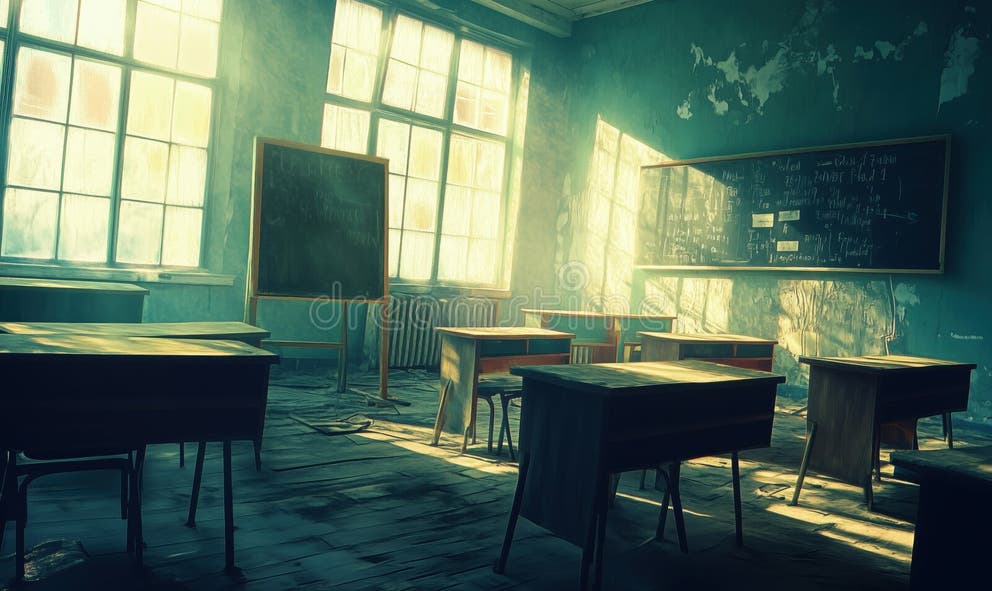 Abandoned Classroom with Sunlight Streaming through Windows and Dusty ...
