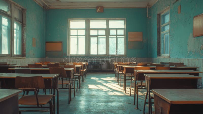 Abandoned Classroom with Sunlight Streaming through Windows Stock Image ...