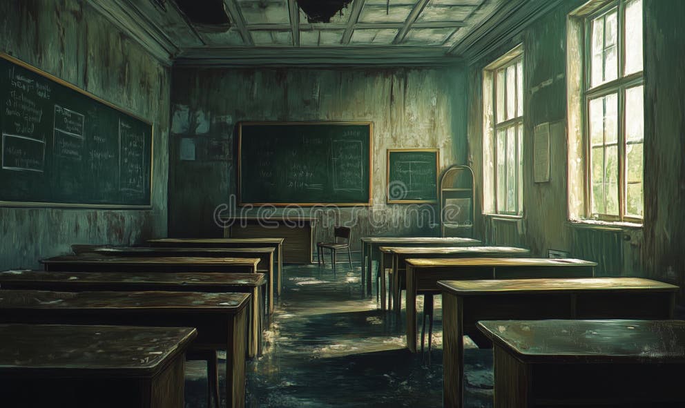 Abandoned Classroom with Worn Desks and Chalkboards in Dim Lighting ...