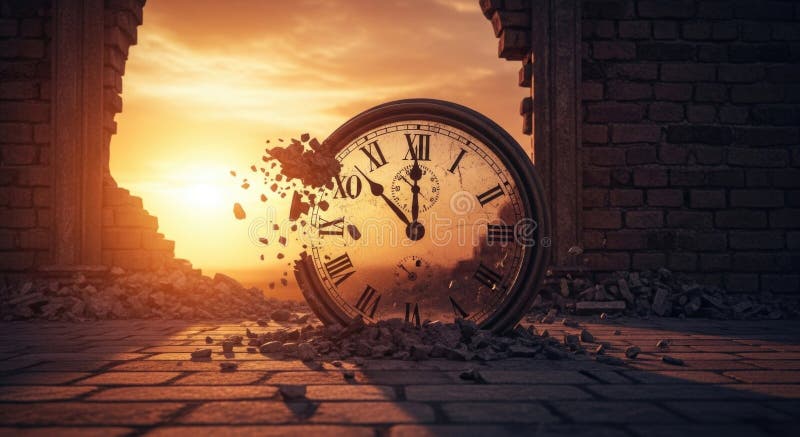 Abandoned Clock in Ruins at Sunset: Time, Decay, and Solitude Stock ...