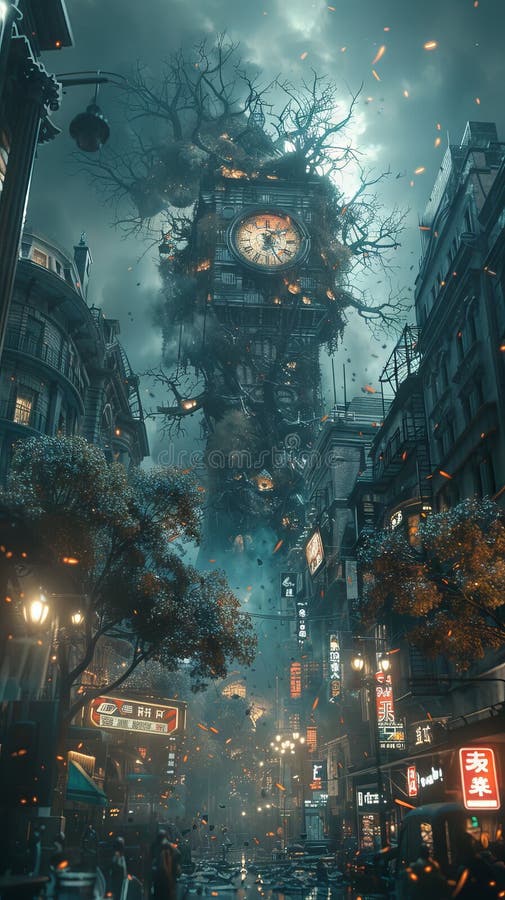 Old Clock Tower in Abandoned City Stock Illustration - Illustration of ...