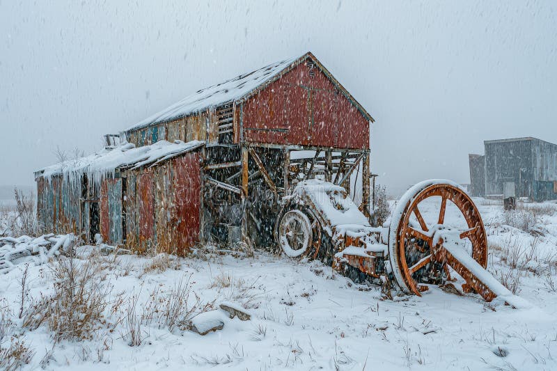 Abandoned Coal Mine Covered in Snow with Rusty Structures and a Winter ...