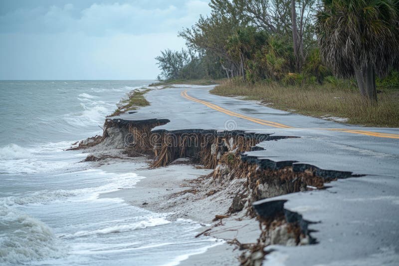 Abandoned Coastal Road Covered in Sand and Debris after a Storm Stock ...