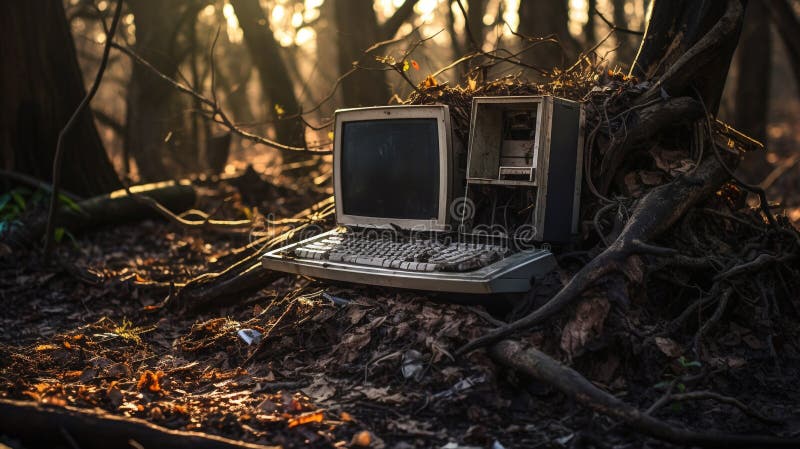 Abandoned Computer in the Desolate Forest. - Generative Ai Stock ...