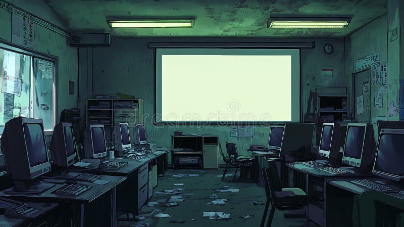 Abandoned Computer Lab with Blank Screen Stock Illustration ...