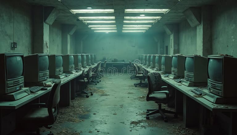 Abandoned Computer Lab Interior. Old Monitors, Keyboards, Chairs ...