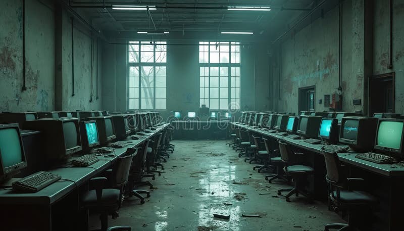 Abandoned Computer Lab with Rows of Old Monitors, Keyboards. Desolate ...