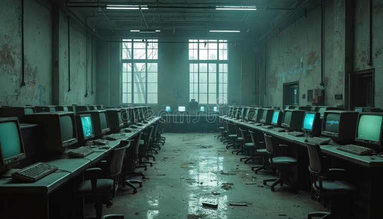 Abandoned Computer Lab with Rows of Old Monitors, Keyboards. Desolate ...