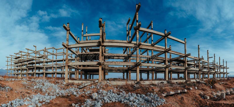 Abandoned Concrete Structure on Sky Background Wide Angle Panorama ...
