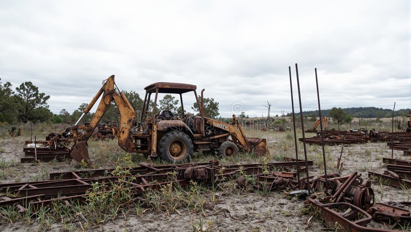 Abandoned Construction Site with Rusted Machinery and Overgrown Weeds ...