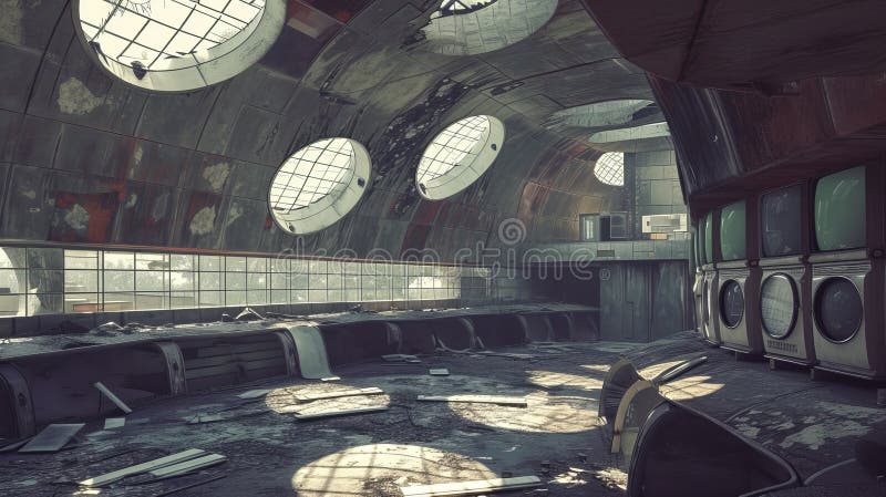 Abandoned Control Room with Circular Windows and Old Machinery Stock ...