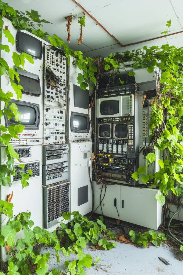 Abandoned Control Room Overgrown with Green Ivy and Vintage Electronics ...