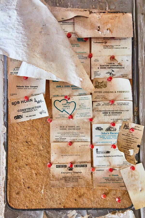 Abandoned Cork Board Covered with Old Business Cards Pinned Stock Photo ...