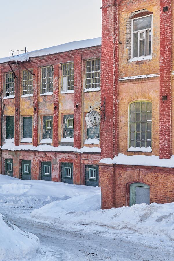 Abandoned, Crumbling Old Factory Building. Winter Landscape Stock Image ...