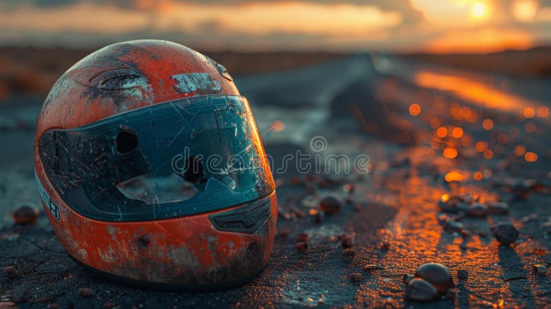Abandoned and Damaged Motorcycle Helmet on Road at Sunset, Generative ...