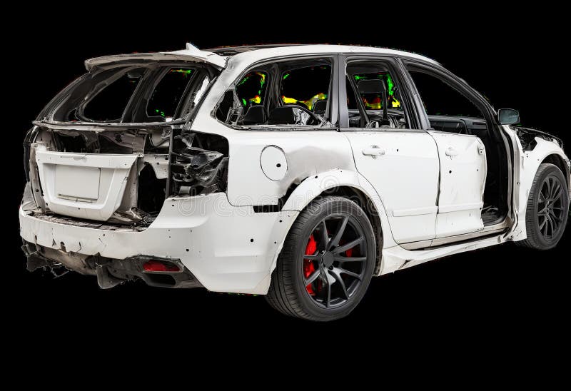 Abandoned and Damaged White SUV with Exposed Rust and Missing Parts on ...