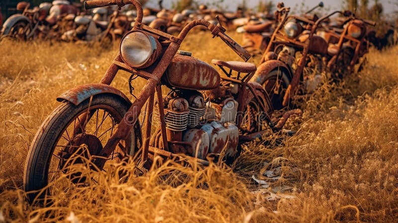 Abandoned and Decaying, Row of Rusted Out Motorcycles Sit in Field ...