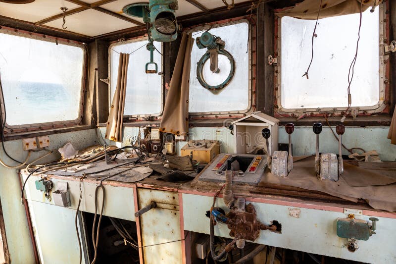 Abandoned and Demolished Cargo Ship Bridge Inside View with Throttle ...