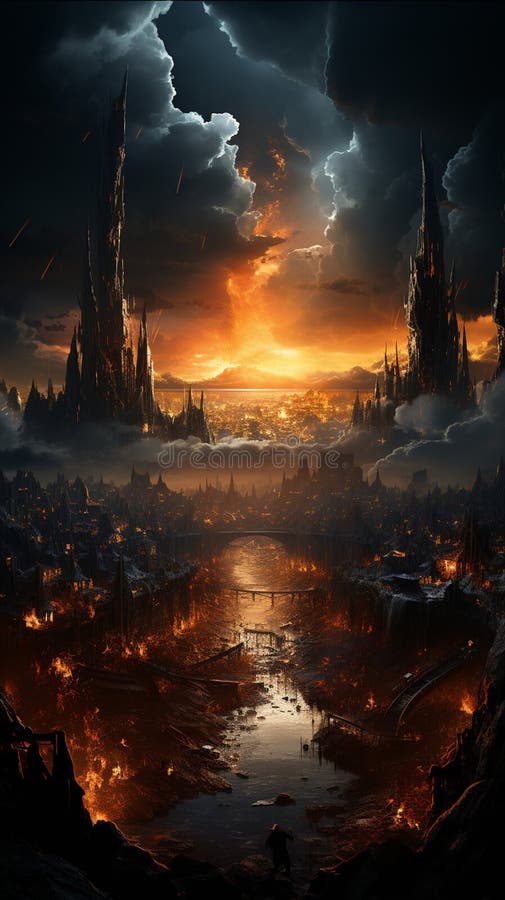 Abandoned Destroyed Town, War Explosion. Horror, Red Dramatic Sky with ...