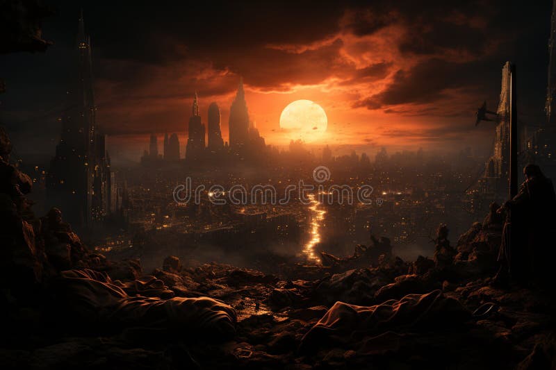 Abandoned Destroyed Town, War Explosion. Horror, Red Dramatic Sky with ...