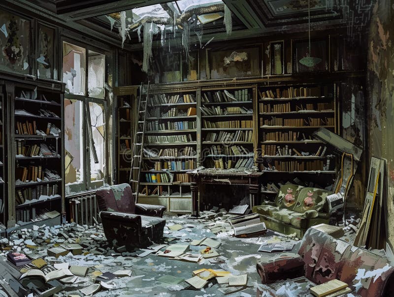 An Abandoned and Disorganized Library Stock Image - Image of black ...