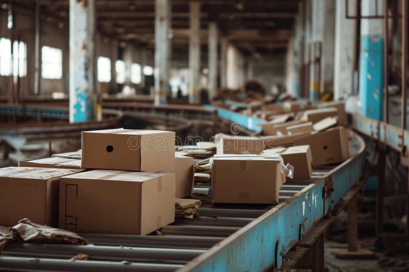 Abandoned Distribution Warehouse and Cardboard Packages. Stock ...