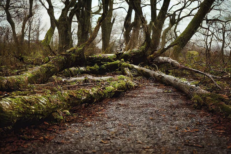 Abandoned Duckboards Path in Forest Passing between Fallen Trees and ...
