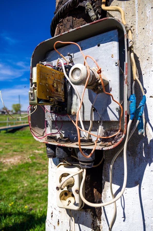 Abandoned Electrical Box with Various Wires and Devices Stock Photo ...