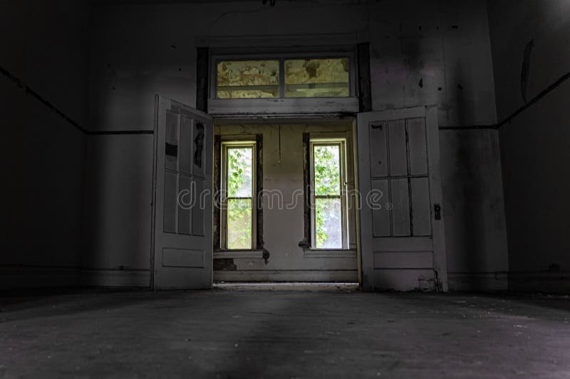 Abandoned Empty Room with Destroyed Walls and Rusty Windows with Lights ...