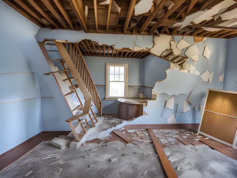 Abandoned Empty Room Interior with Large Windows and Broken Ceiling ...