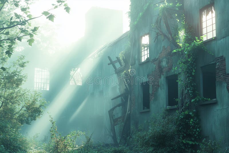 Abandoned Factory with Broken Windows Engulfed in Mist and Overgrown ...