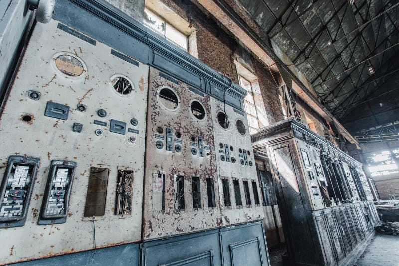 Abandoned Factory Control Panel with Dusty Pressure Gauges Stock Photo ...