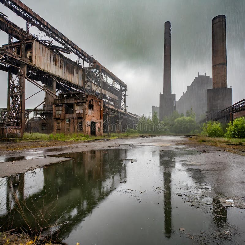 Abandoned Factory Industrial Ruins in the Rain Stock Illustration ...