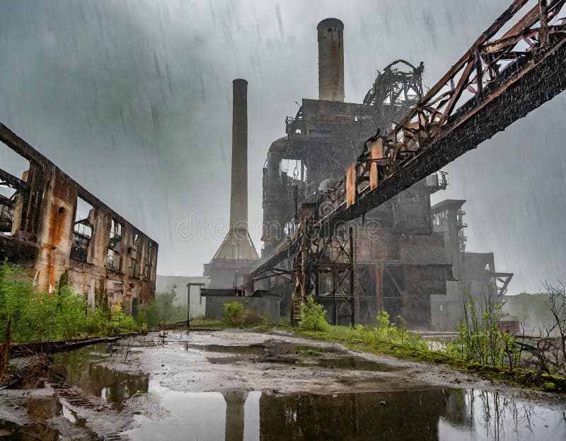 Abandoned Factory Industrial Ruins in the Rain Stock Illustration ...