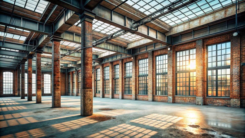Abandoned Factory Interior with Brick Walls and Steel Columns Light ...