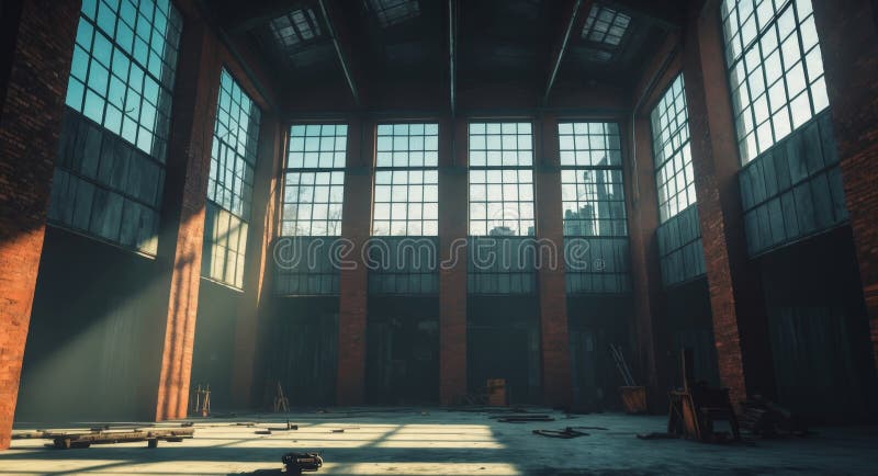Abandoned Factory Interior with Large Windows and Brick Columns ...