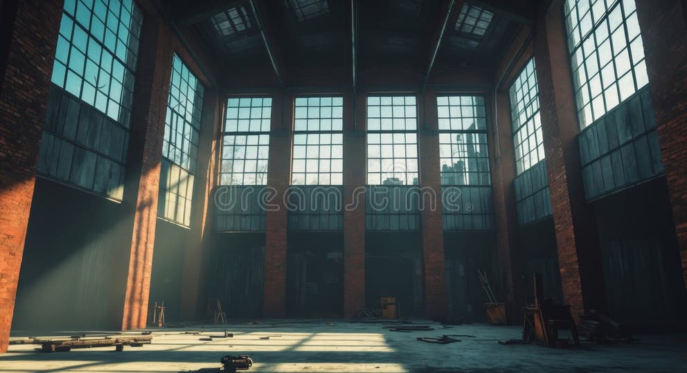 Abandoned Factory Interior with Large Windows and Brick Columns ...