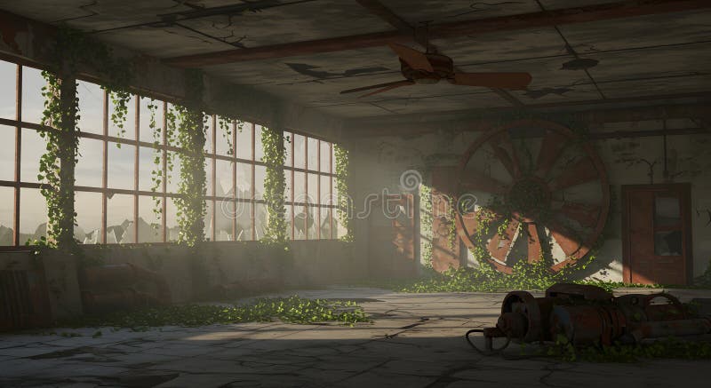 Abandoned Factory Interior with Vines and Broken Windows Stock Photo ...