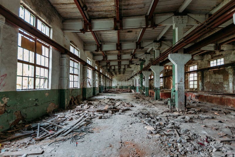 Abandoned Factory. Large Empty Industrial Hall with Garbage Stock Photo ...