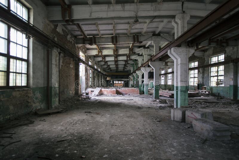 Abandoned Factory. Large Empty Industrial Hall with Garbage Stock Photo ...