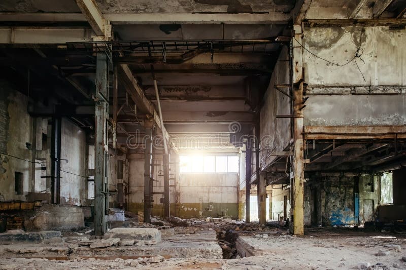Abandoned Factory. Large Empty Ruined Industrial Hall Stock Image ...
