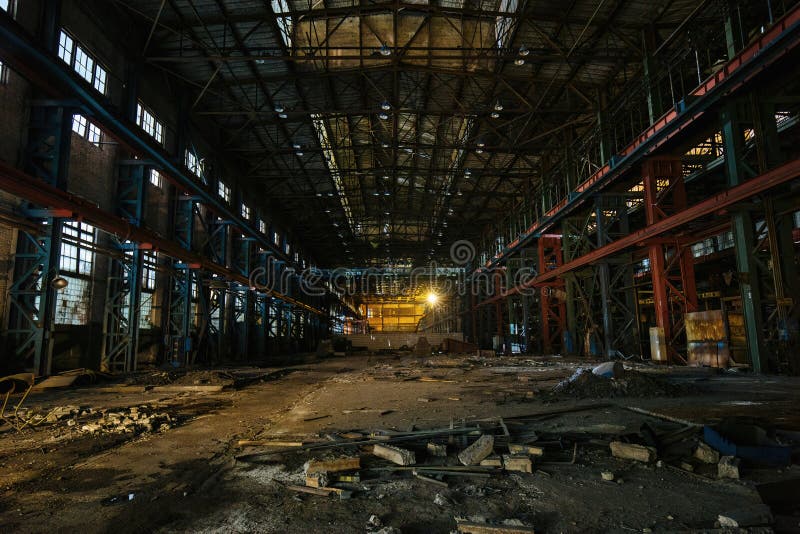 Abandoned Factory. Large Empty Ruined Industrial Hall at Night Stock ...