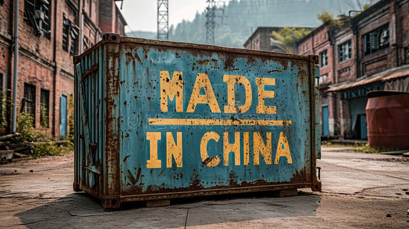 Abandoned Factory with Old Rusty Metal Container and Text Made in China ...