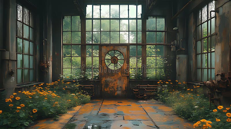 Abandoned Factory Overgrown with Flowers, Sunlight through Windows ...