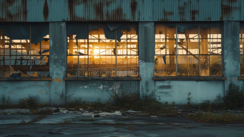 Abandoned Factory Windows with Warm Sunset Light Stock Image - Image of ...
