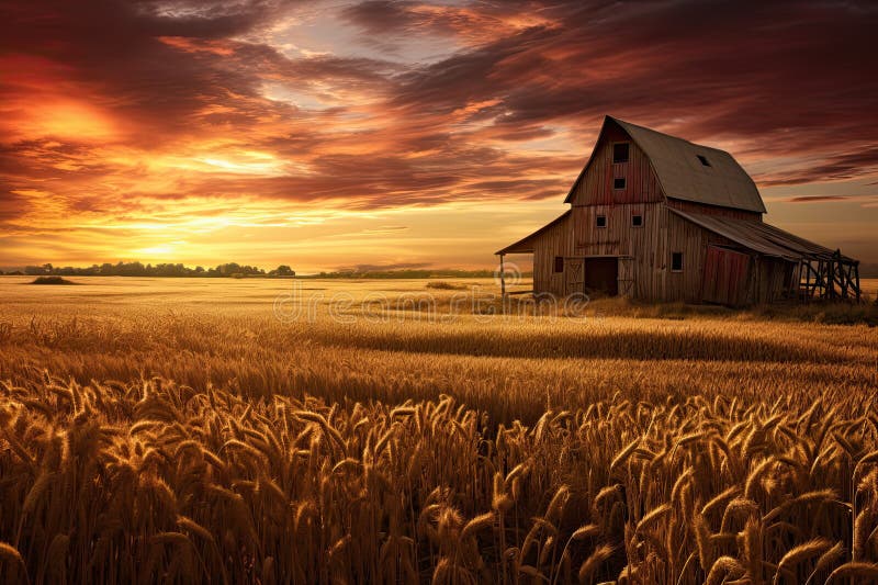 Abandoned Farm House in a Wheat Field at Sunset with Dramatic Sky, AI ...