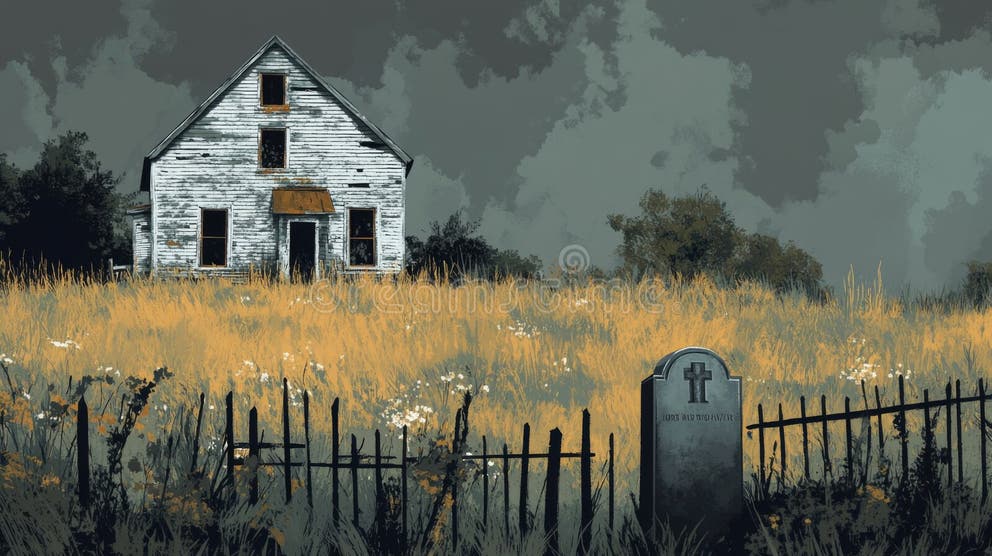 Abandoned Farmhouse in a Field Under an Overcast Sky Stock Illustration ...