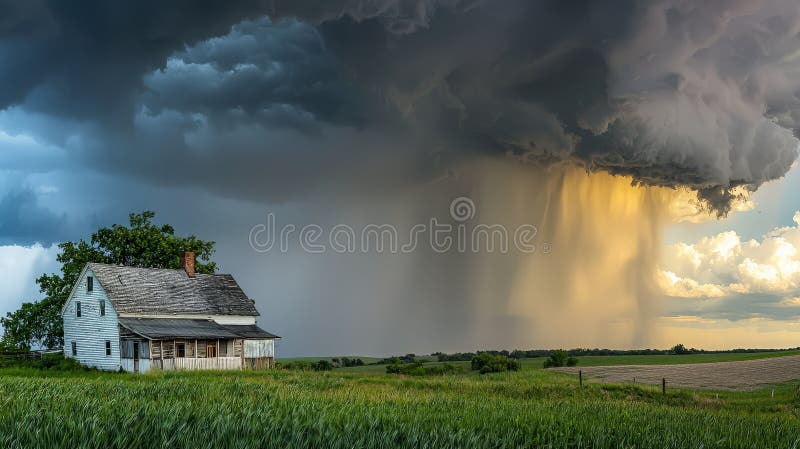 Abandoned Farmhouse Under a Dramatic, Rain-filled Storm Cloud Stock ...